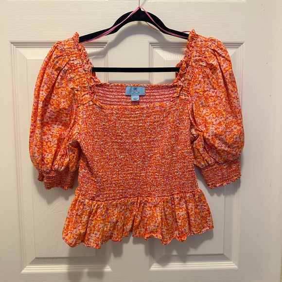 CeCe | Tops | Cece Orange Floral Puff Sleeve Top | Poshmark